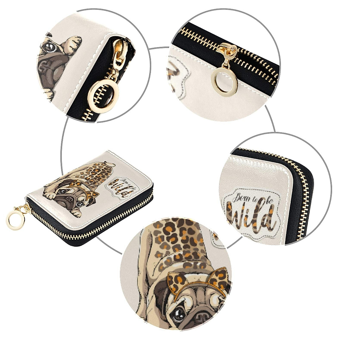 MOYYO RFID Credit Card Holder Case Cute Leopard Pug Dog Leather Printed Zipper Card Case Wallet for Women Girls