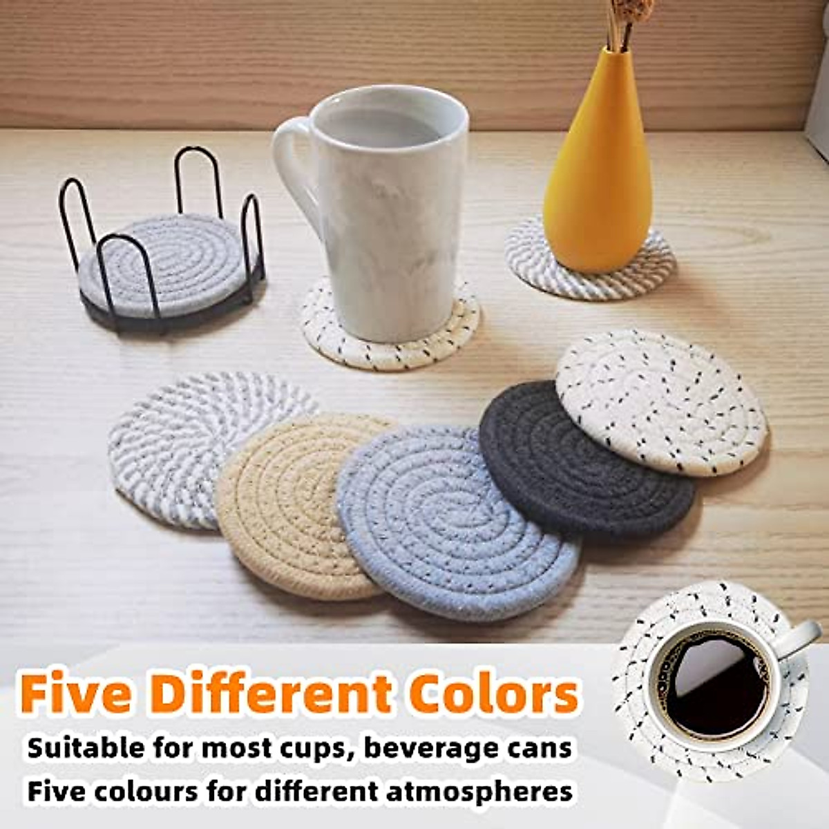 KNWOBL 10 Pcs Drink Coasters with Holder,Absorbent Drink Coasters,Handmade Braided Drink Coasters,Super Absorbent Heat-Resistant Coasters,5 Colors