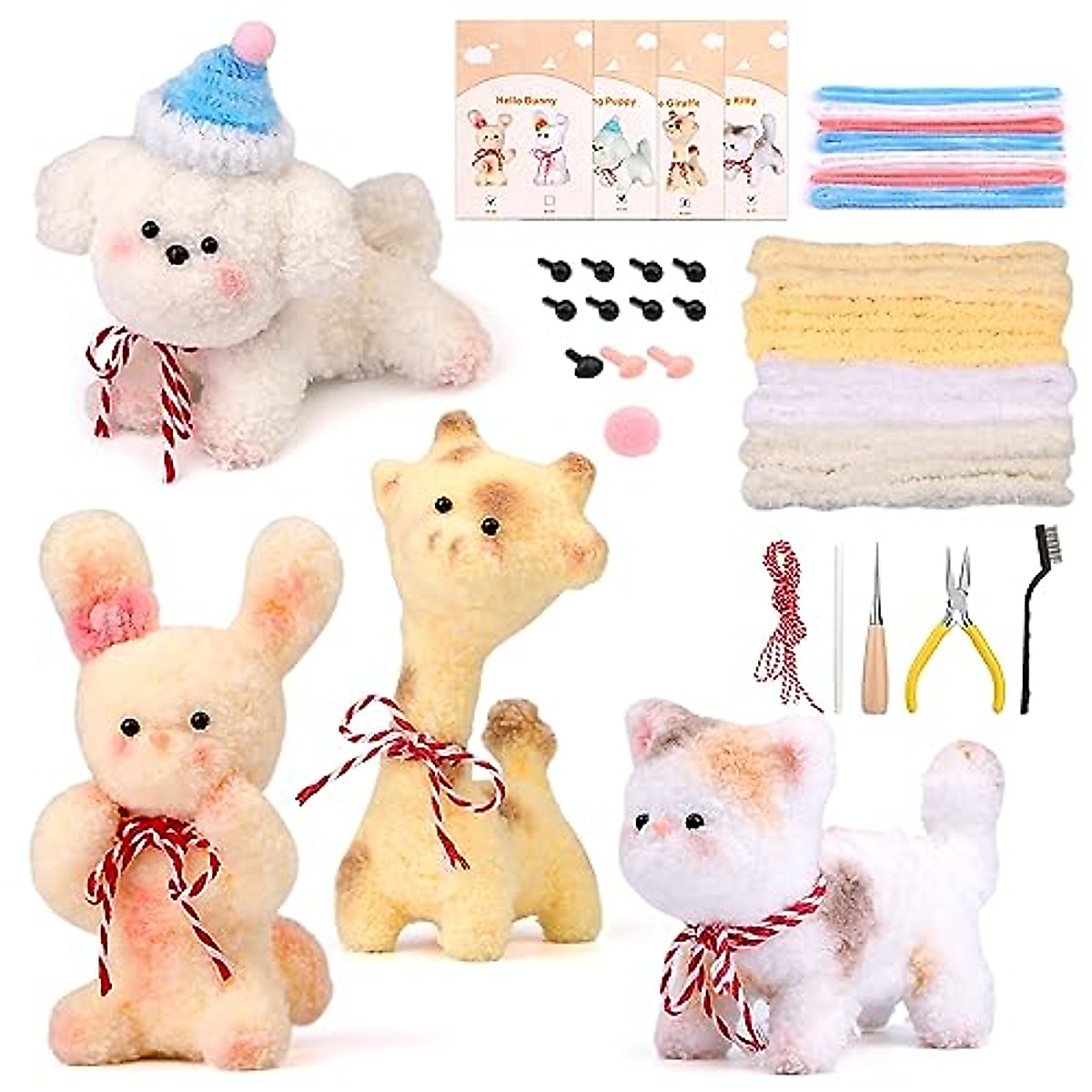 Pipe Cleaners Craft Supplies, Pipe Cleaners Kit for Beginners, Chenille Stems Animal Kit with Thick Pipe Cleaner, Step-by-Step Tutorials Video, Pipe Cleaners for Craft (4 Light Colors Animals)