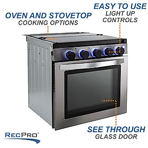 RecPro RV Stove Gas Range 21" Tall | 6500 and 8000 BTU Three Burner | 7100 BTU Oven with 1.8 Cu. Ft Capacity | Black or Stainless Steel Finish (Silver Version B, No Vented Range Hood)