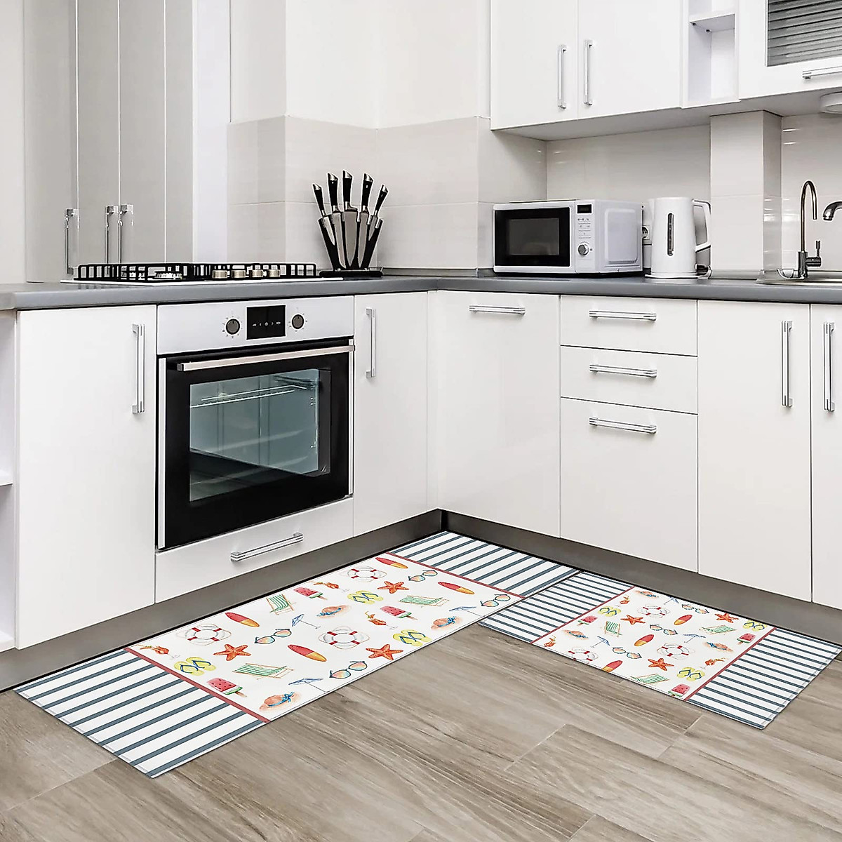 IDOWMAT Kitchen Rug Sets of 2 - Absorbent Non-Slip Kitchen Mats Navy Blue Stripes Beach Swim Ring Ice Cream Sunglasses Floor Comfort Mats Doormat for Kitchen Office Laundry 15.7x23.6in + 15.7x47.2in