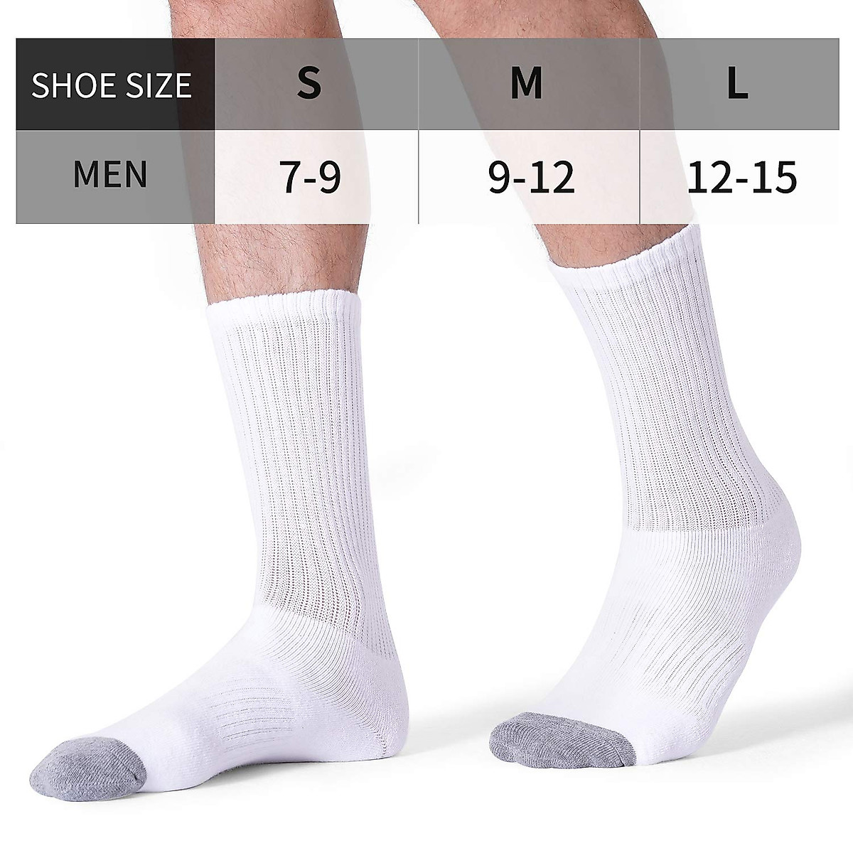 CelerSport 6 Pack Men's Athletic Crew Socks, Work Boot Socks with Full Cushion, White, Shoe Size: 12-15