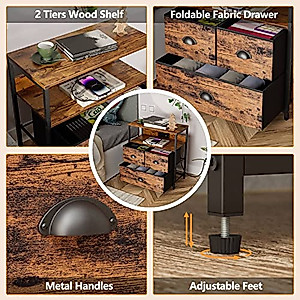 Furnulem Nightstand with Charging Station, Wooden End Table with USB Ports & Power Outlets, Industrial Bedside Tables with 3 Fabric Drawers and Shelf for Bedroom, Living Room, Rustic Brown