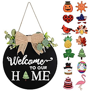 Christmas Welcome Sign for Front Door, Farmhouse Porch Decorations, Rustic Welcome Wreaths Sign with Stapled Greenery, Round Wooden Hanging Sign Housewarming Gift for Home Outdoor Indoor (Black)