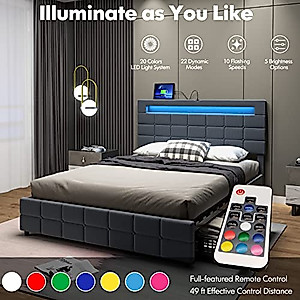 Giantex Queen Bed Frame with LED Lights and 4 Drawers, Upholstered Platform Bed Frame with USB Ports, Tufted Adjustable Headboard Design, Solid Wooden Slat Support, No Box Spring Needed