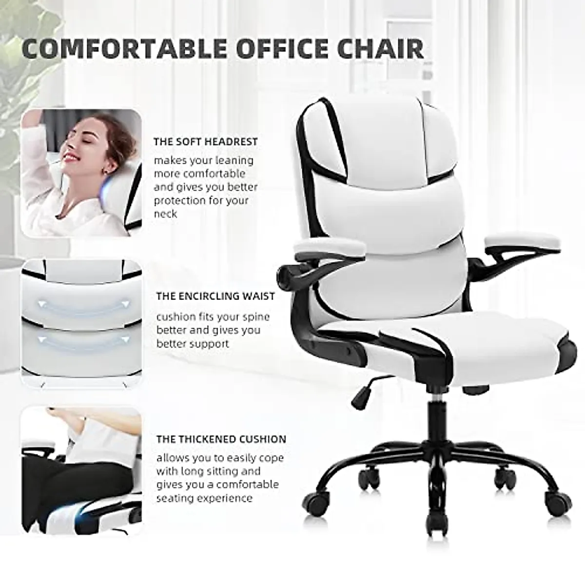 SEATZONE Home Office Desk Chairs with Wheels and Flip-up Armrests,Modern PU Leather Executive Office Chair Comfortable Ergonomic Computer Chairs for Adults and Teens,White