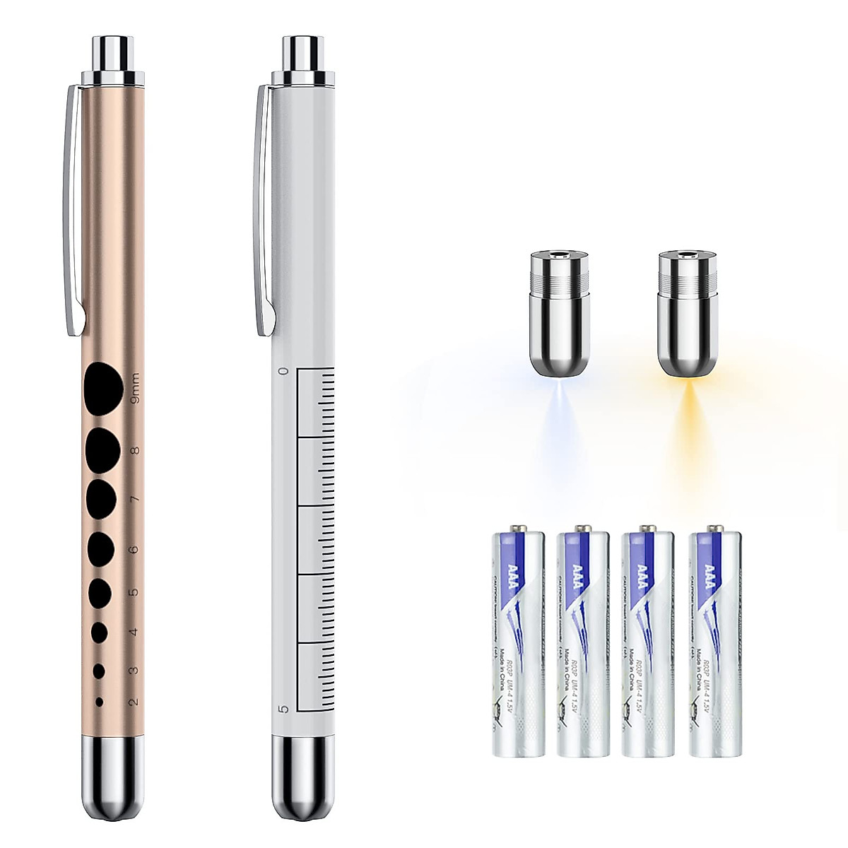CAVN Pen Light for Nurses Medical with Pupil Gauge, Warm/White Light, Premium Aluminium Reusable Penlights for Doctors Nursing Students Rose Gold and White