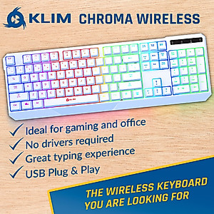Klim Chroma Wireless Gaming Keyboard RGB - Long-Lasting Rechargeable Battery - Quick and Quiet Typing - Water Resistant Backlit Wireless Keyboard for PC PS5 PS4 Xbox One Mac - White (Renewed)