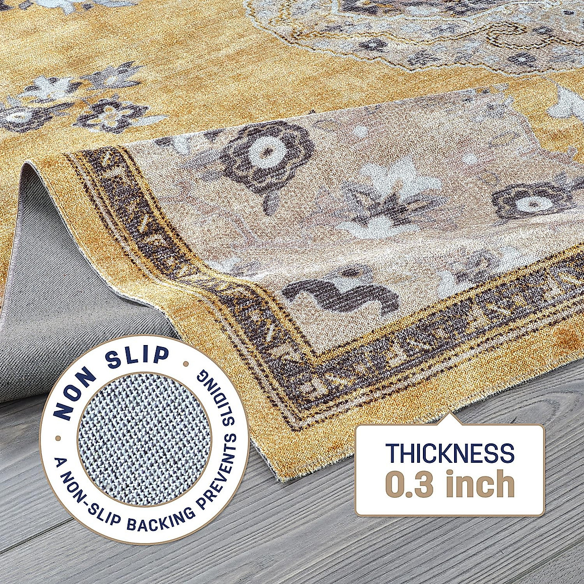 Beverly Rug Non Slip Rugs 8x10 Boho Medallion Floral Non Skid Rubber Backing Easy Silk Soft Area Rug for Living Room Easy to Clean Non Shedding Kitchen Bedroom Indoor Carpet (8 x 10 Yellow - Gray)