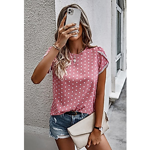 Angashion Women's Tops Casual Floral Print Lace Crochet Short Sleeve Crewneck Summer Loose Blouse Shirt Tunic Top Pink White M