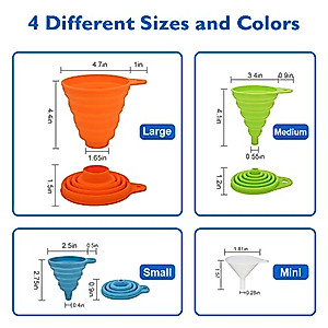 4 Different Sizes Kitchen Funnel, Funnels for Filling Bottles, Food Grade Silicone Collapsible Funnel, Premium Canning Funnel/Food Funnel, Large Funnel for Wide Mouth Jar, Medium/Small/Mini Funnel Set