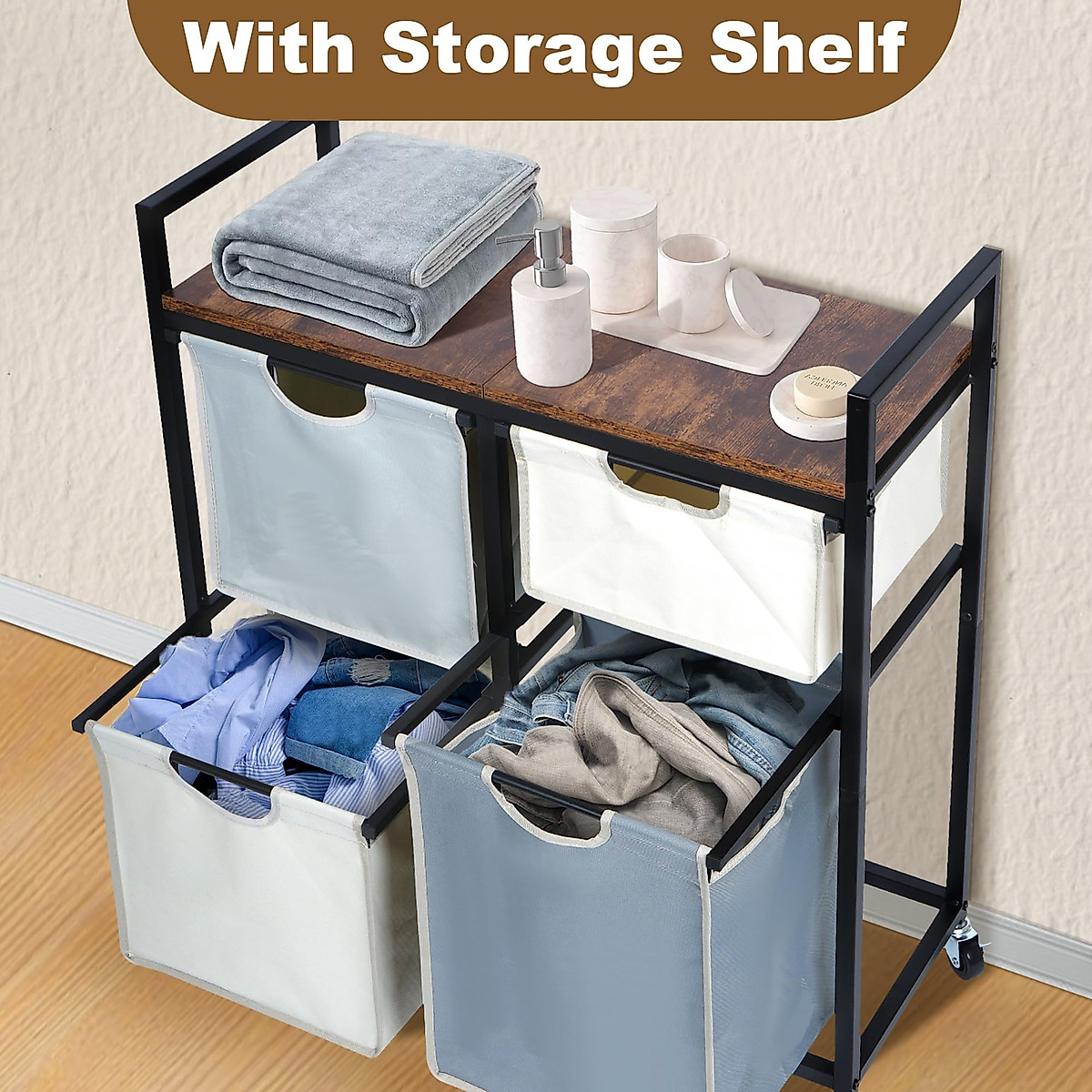 Nisorpa Rolling Laundry Hamper with Shelf, 4 Removable & Pull-Out Hamper Bags, 31 Gal (119L) Laundry Basket Organizerand, Large Laundry Sorter Clothes Hamper for Bathroom Laundry Room Organization