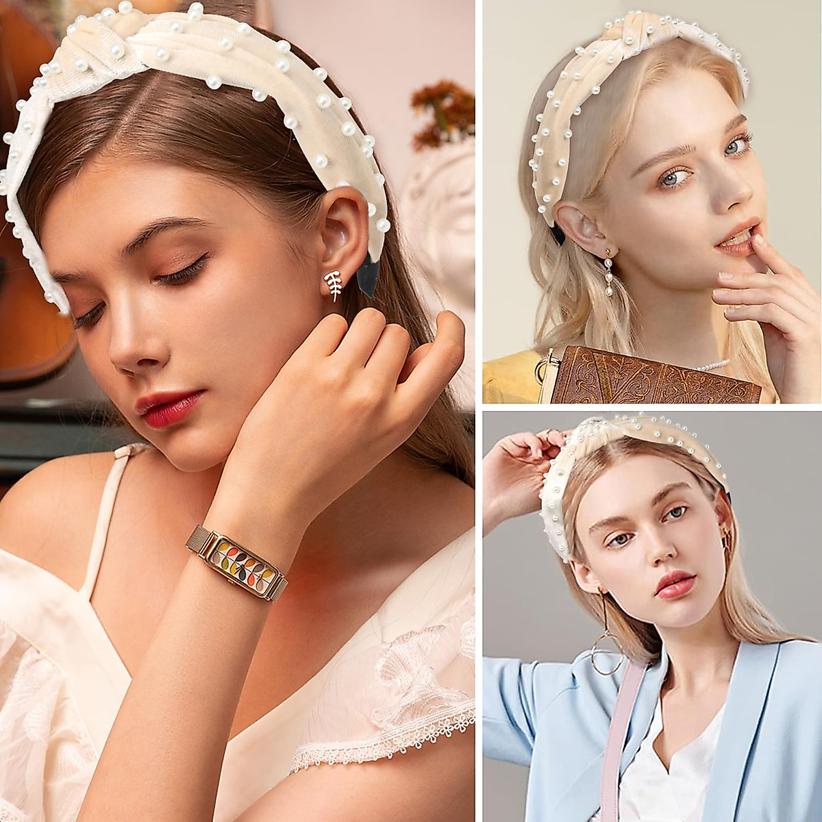 yueton Women Faux Pearl Headbands Twisted Cross Knot Velvet Headbands Elegant Bling Hair Band Hairpins Headwear Barrette Styling Tools Accessories Creamy White