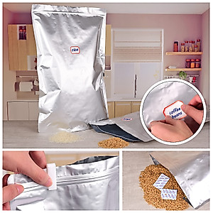 15 Pcs 5 Gallon Mylar Bags for Food Storage, 10.5 Mil Mylar Bags with Oxygen Absorbers 2000cc (15 Single Sealed), Stand-Up Zipper Resealable Bags & Heat Sealable Food Storage Bags + Labels