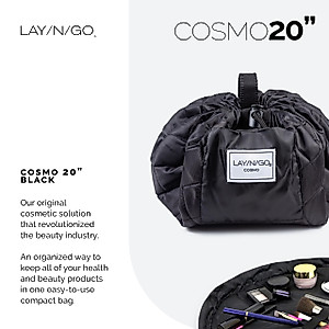 Lay-n-Go Cosmo Drawstring Cosmetic & Makeup Bag Organizer - Portable Drawstring Makeup Bag w/Zipper Pocket, Makeup Loops & More - Durable, Machine Washable Makeup Bag for Travel (20”, Black)