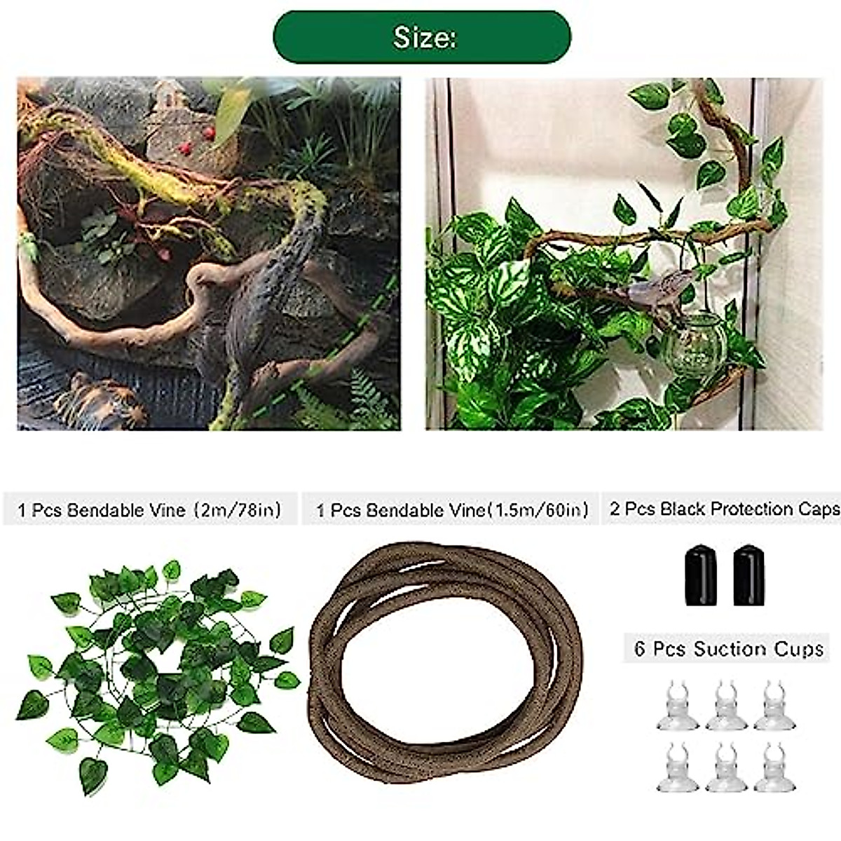 Woyrise Reptile Hide Box with Sink Humidifier Gecko Hideout Cave Lizards Hideaway with Flexible Vine Decor and Bowl for Bearded Dragons Lizards Spiders Snakes