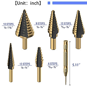 Hss Titanium Step Drill Bit 5pcs,Hss Cobalt Multiple Hole 50 Sizes,Titanium Step Drill Bit Set with Automatic Center Punch,High-Speed Metal Steel Drill Double Cutting Blades Perfect for DIY Hobbyists