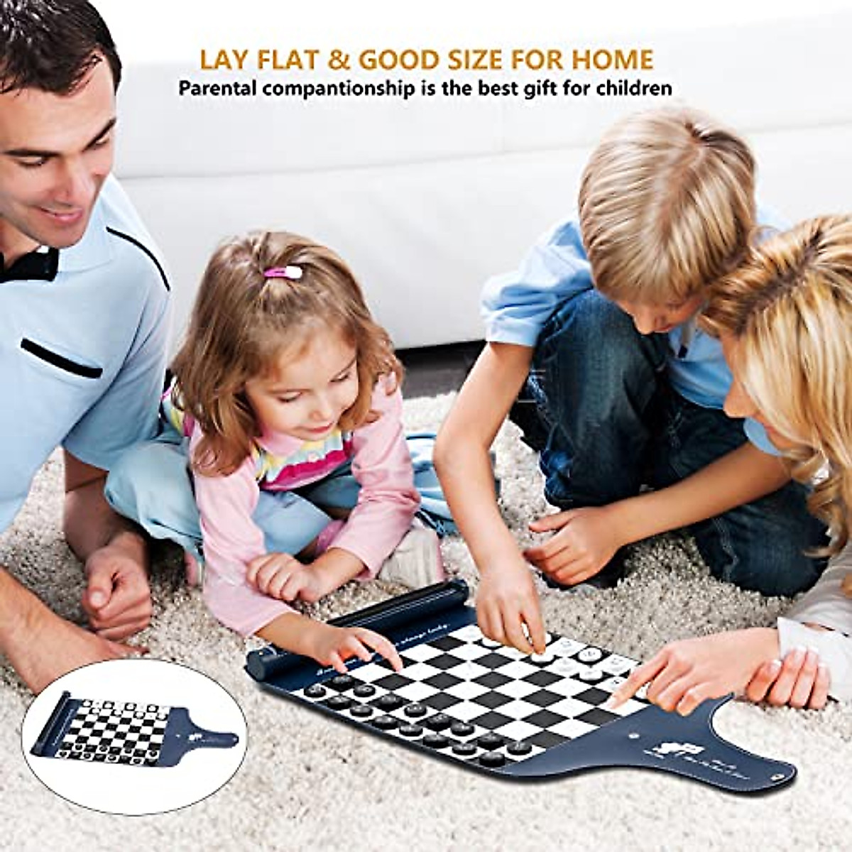 Travel Roll Up Leather Chess Set Chess Game Set with Checkers Inside,New Detachable Portable Chess Game Set for Home Outdoor (Blue)