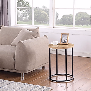 CENSI Oak End Table Side Table for Living Room, Mid-Century Modern Nightstand for Bedroom, Plant Stand, 15.7" Round, Wood and Metal (Natural)