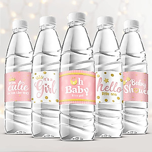39 Pieces Baby Shower Water Bottle Labels Shower Water Bottle Stickers Wrappers Waterproof Baby Shower Labels for Baby Shower Party Decoration (Pink, Girl Style)