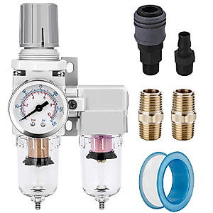 NANPU 1/4" NPT Air Dryer System - 5 Micron Particulate Filter, 0.5 Micron Coalescing Filter & Air Pressure Regulator, Water Trap Separator - Semi-Auto Drain,0-150 psi Gauge, Poly Bowl, Metal Bracket