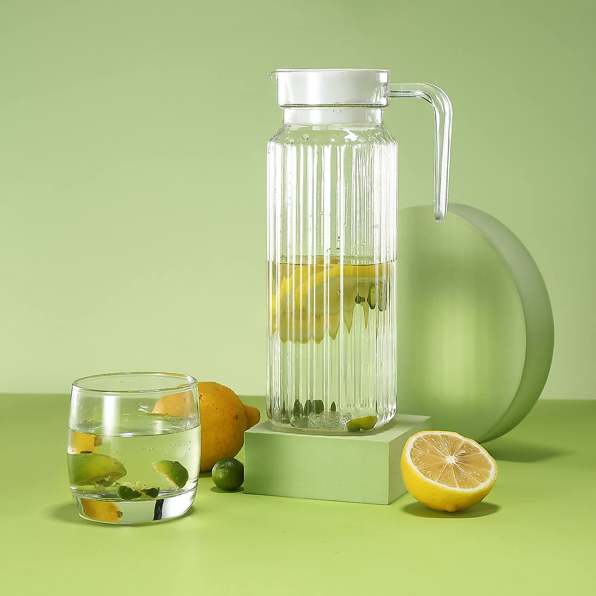 Acrylic Pitcher 37 oz, OEH Unbreakable Plastic Pitcher, Clear Plastic Pitcher with Lid, BPA-Free, Heat-Resistant Small Plastic Water Pitcher for Tea, Sangria, Lemonade, Juice, Milk, Stripe