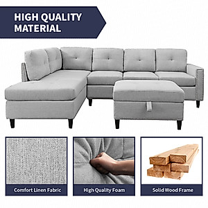 ZAFLY 101" Sectional Couch, L Shaped Sofa with Storage, Convertible Sofá 4-Seat with Reversible Chaise, Living Room Fabric Sofa Sets with Cup Holders -Light Gray