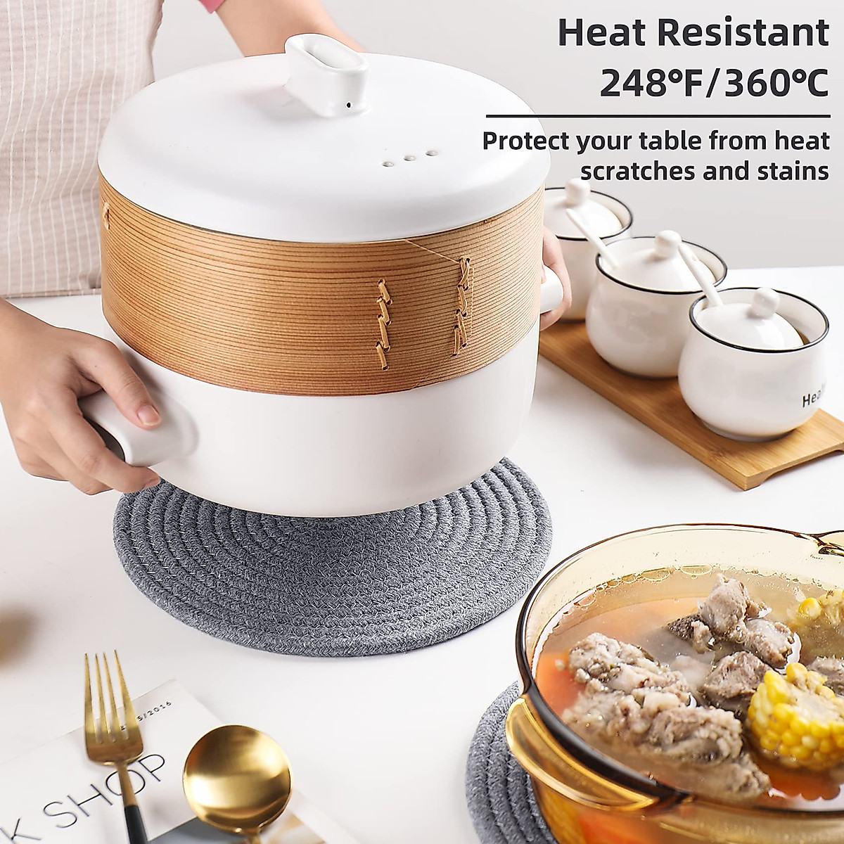 Trivet Weave Mat Round Hot Pads for Kitchen Thread Potholders for Hot Dishes/Pot/Bowl/Teapot/Hot Pot, 4pack,9.5 Inches,100% Pure Cotton (Trivet 4 Pack)