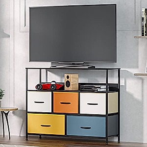LLappuil Small TV Stand Dresser for Bedroom, Kids Dressers with 5 Fabric Storage Drawers for Clothes, Wide Dresser Chest of Drawers Nightstand TV Stand up to 45 inch, Multicolor