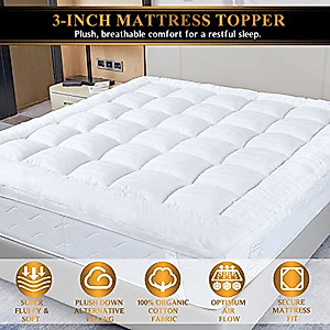 Extra Thick Pillow Top 3 Inch Mattress Topper Queen Size for Firm Mattress, Cooling Fluffy Cotton Hotel Mattress Bed Topper for Cloud Like Sleep & Back Pain, Plush Soft Pad, Fit to 6”-22” Mattress