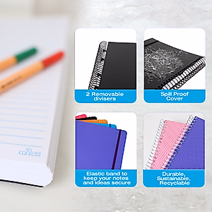 Confetti Spiral Notebook - Hole Punched - 4 Removable Dividers, Spill Proof Cover, Closing Elastic Band, Storage Pocket - Sturdy Bound Notepad, School & Office Supplies - 120 Sheets - Black