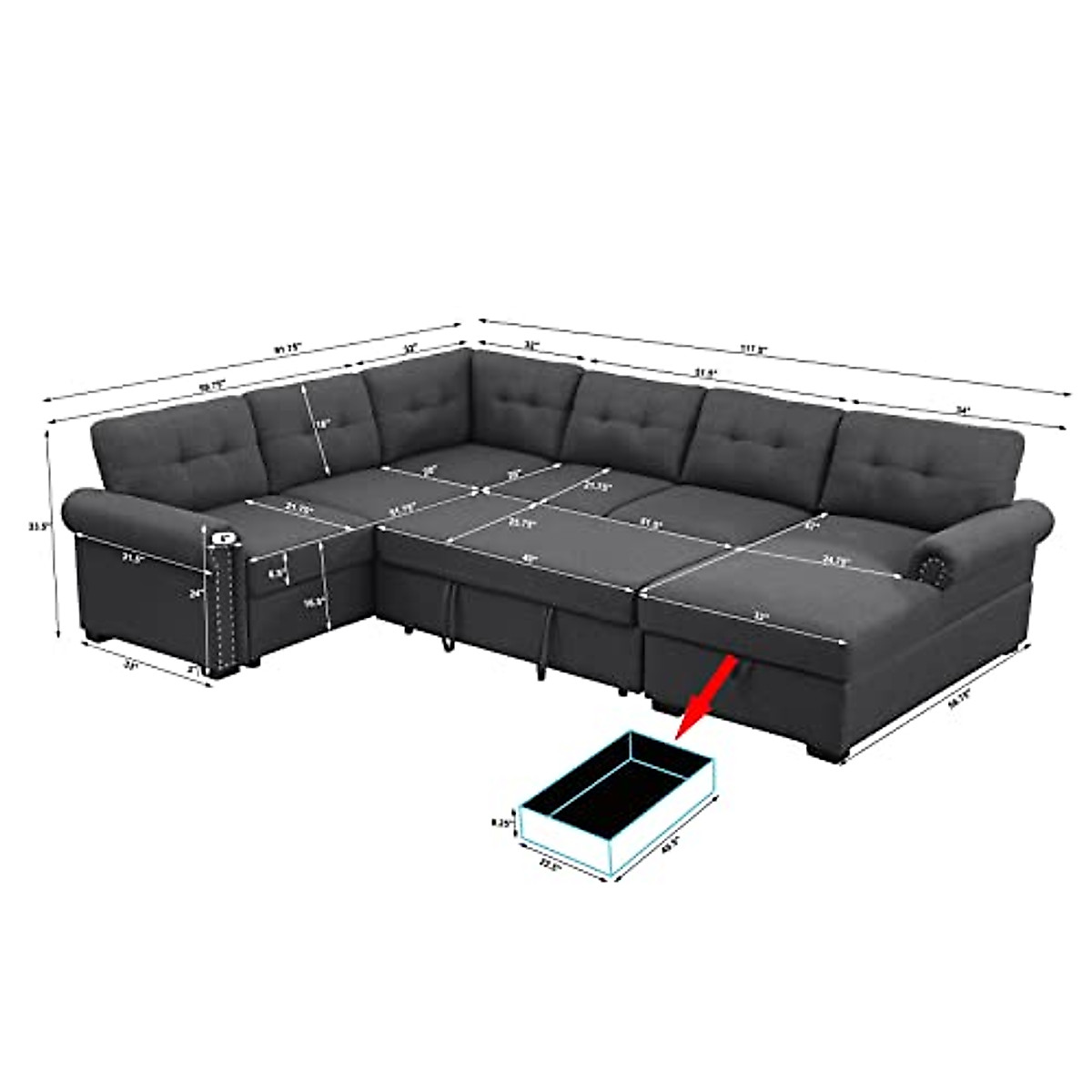 Springfavor 6 Seat Pull Out Couch Sectional Couches for Living Room with Storage Chaise Lounge, U-Shaped Modern Sofas & Couches with Nail for Department/Home/Office