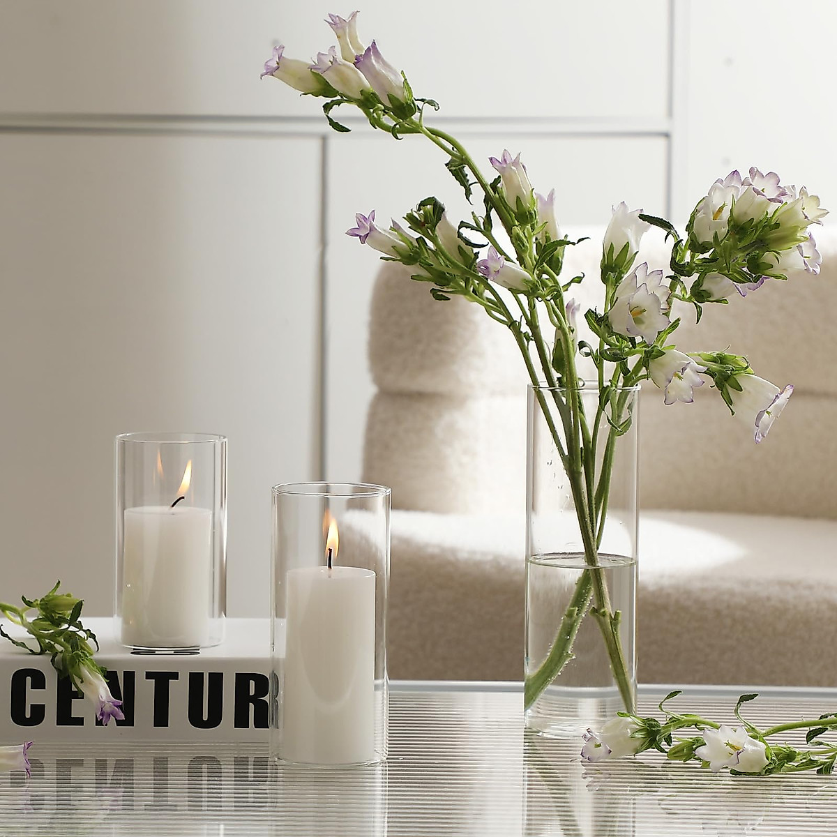 UDU Set of 12 Pillar Candles and 12 Hurricane Candle Holders, Slim Pillar Candle Holder for Pillar Candles, Cylinder Vases for Centerpieces Wedding Table Party Home Decor(2.6" X 4.7", 5.9", 7.9")