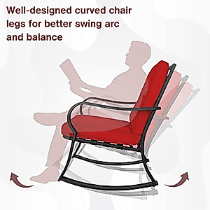 Omelaza 3 Pieces Outdoor Rocking Bistro Set, Patio Steel Furniture, Porch Chairs Conversation Set with Thickened Cushion and Glass Top Coffee Table (Red)