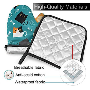 Cats Fishbone Oven Mitts and Pot Holders Set， Heat Resistant Kitchen Gloves with Inner Cotton Layer for Cooking Baking Grilling