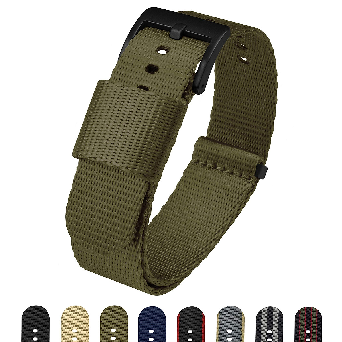 BARTON WATCH BANDS, 24mm Army Green - Elite NATO® Style Watch Strap - Black Buckle - Seat Belt Nylon Watch Bands