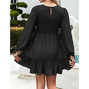 ZESICA Women's Long Sleeve Smocked Dress Spring Casual Crew Neck Tiered Swing Cocktail Wedding Party Mini Dresses,Black,Medium
