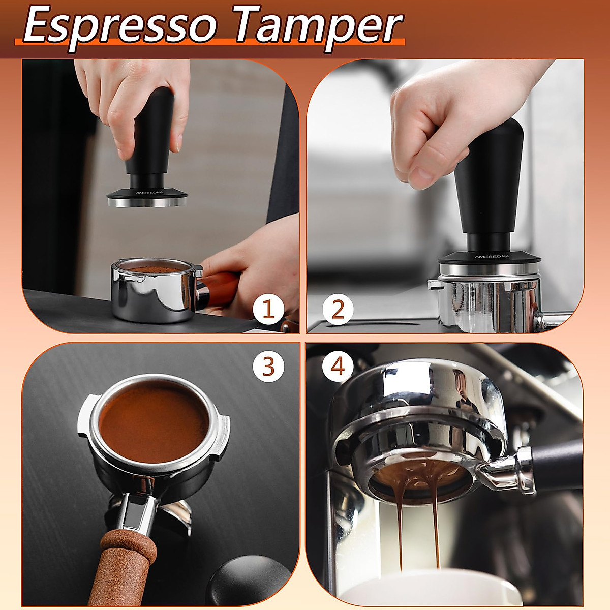 AMESEDAK 53.3mm Espresso Tamper, Premium Barista Tamper with Calibrated Spring, 23lb Coffee Tamper with Anodized Aluminum Handle & Stand for Espresso Coffee Machine (Black)