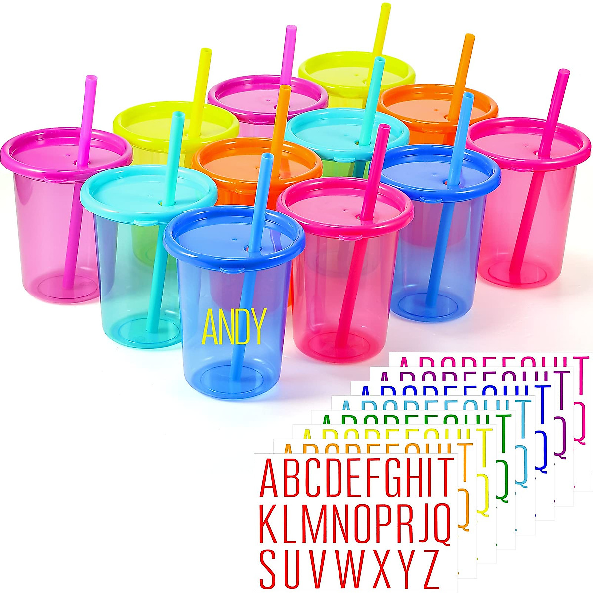 Sawysine 12 Pieces Kids Cups with Straws and Lids, Tumbler Cups Bulk Plastic Cups for Toddlers Reusable Spill Proof Christmas Cups for Kids with Colored Alphabet Stickers