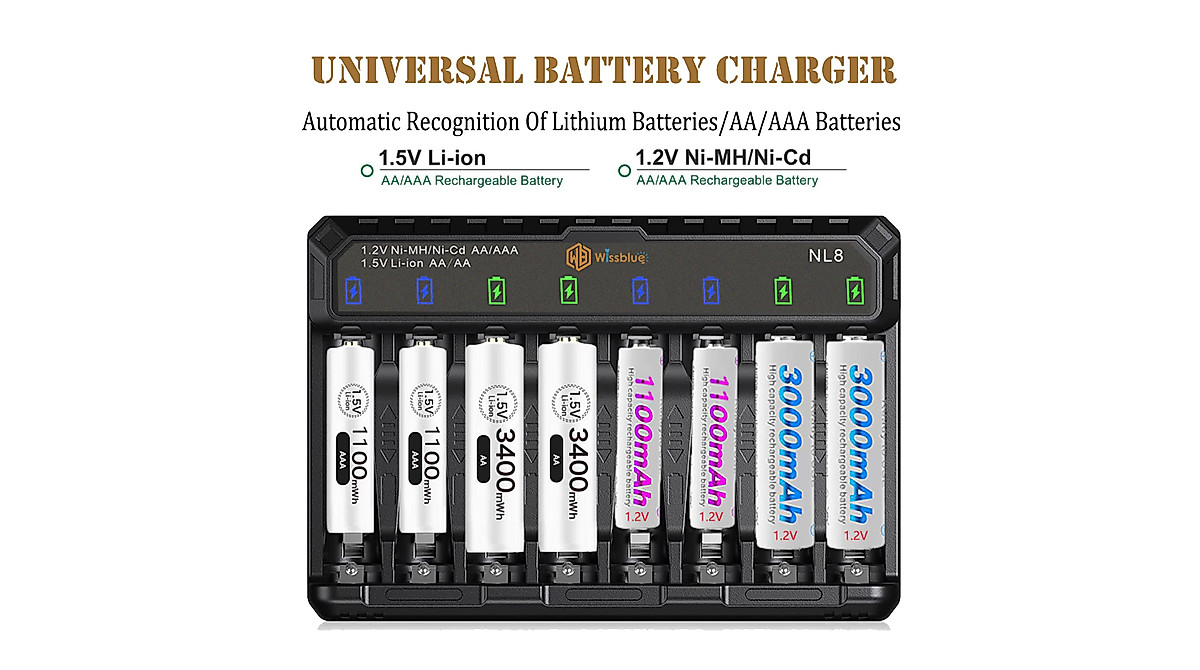 NL8 1.5V & 1.2V Battery Charger 8 Bay USB Rechargeable
