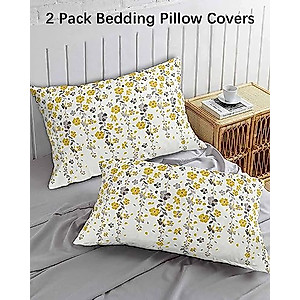 Weeping Flowers Pillow Covers King Standard Set of 2 20x36 Bed Pillow, Yellow Grey Summer Spring Floral Botanical Art Plush Soft Comfort for Hair/ Skin Cooling Pillowcases with Envelop Closure