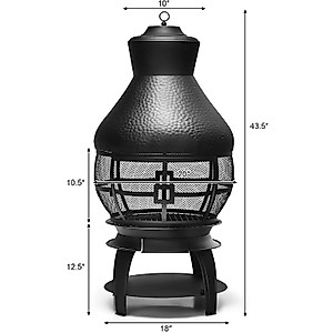 S AFSTAR Outdoor Cast Iron Chimenea, Fireplace Wooden Chiminea Fire Pit w/Fire Poker, 360°Fire Retardant Mesh Cover, Patio Wood Burning Chiminea