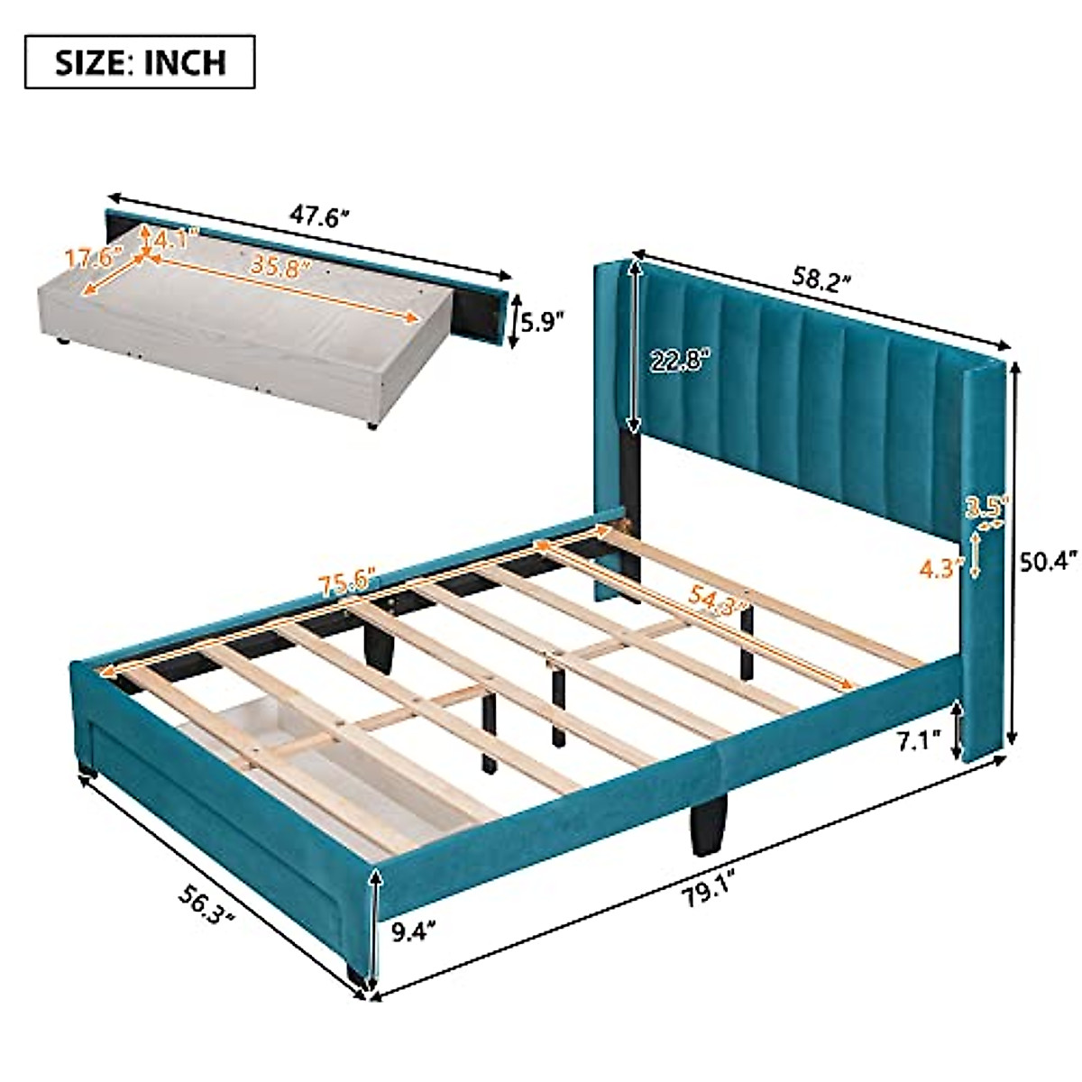SOFTSEA Full Size Upholstered Bed Frame with Large Drawer Velvet Platform Bed Frame with High Headboard for Bedroom