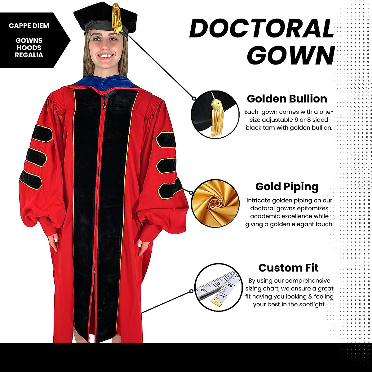 Cappe Diem Doctoral Deluxe Graduation Gown + 6 or 8 Sided Tam (Multiple Colors) (Red, 51" (5'6"-5'-8") + 8-Sided Tam)