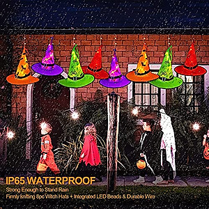 MZD8391 Halloween Decorations Lighted Witch Hats, 8Pcs Hanging Glowing Witch Hats 44ft Halloween Outdoor Lights String with 8 Lighting Modes for Outdoor, Garden, Yard, Tree