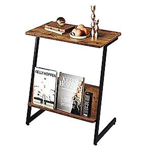 WLIVE Snack Side Table, C Shaped End Table with Magazine Rack for Sofa Couch and Bed, TV Tray Table with Metal Frame, Industrial, for Living Room, Bedroom, Easy Assembly,Rustic Brown and Black