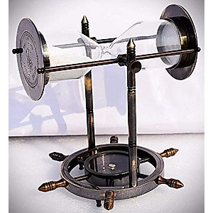 Nautical Maritime Black Antique Full Brass Sand Timer Hourglass with Wheel Compass Base Brass Antique Sand Timer Hourglass with Wheel Compass Base & Hanging Decor Item