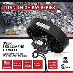 RuggedGrade Titan IV Series Motion Sensor 35,000 Lumen LED High Bay Light - 240 Watt LED High Bay Lighting UFO LED Light - Ultra Efficient 145 Lumens to watt - 5000K - DLC 5.1 Premium - Rugged Grade