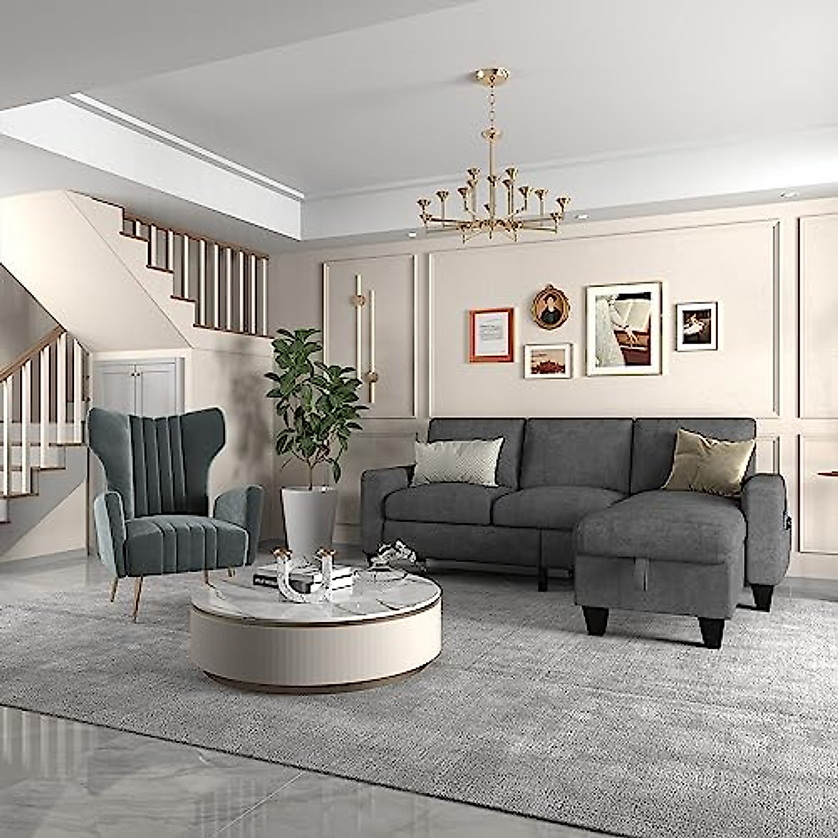 ZeeFu Convertible Sectional Sofa Couch,Grey Snowflake Velvet Modern 3-Seat L-Shaped Upholstered Sofa Couch Set with Storage Reversible Ottoman and Pockets for Living Room Small Space Apartment