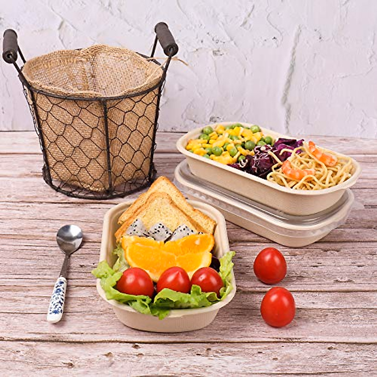 JAYEEY 17 oz Disposable salad bowls with lids, Sugarcane Fiber Paper Bowls take away Bagasse food containers meal prep deli container 50 Pack
